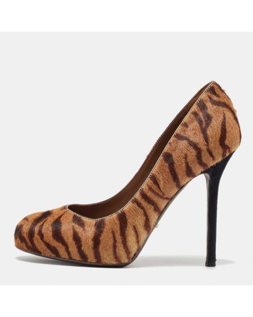 Sergio Rossi Tiger Stripes Print Calf Hair Platform Pumps in Brown | Lyst