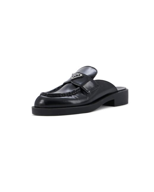 Prada Triangle Logo Slide Mules Leather in Black | Lyst