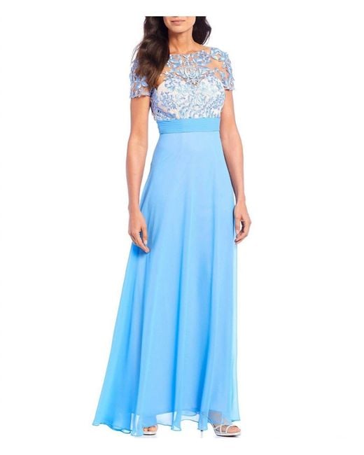 JS Collections Embroidered Floral Illusion Mesh Chiffon Gown in Blue | Lyst