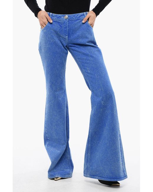 Balmain Wide-Leg Flared Denims With Embroidered Logo in Blue | Lyst