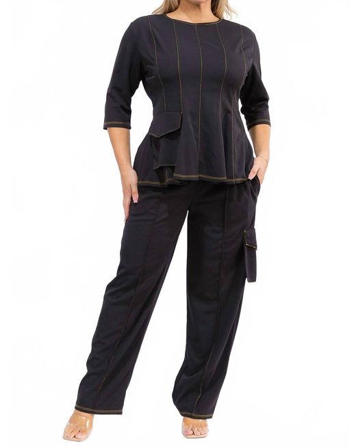 Karen T Design Peplum Top And Straight Cargo Pants Set in Black | Lyst