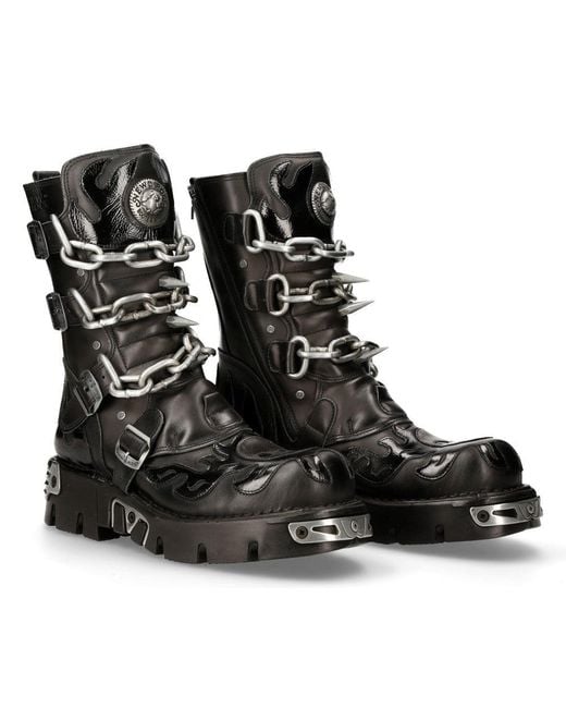 New Rock M.727.S1 Leather Skull Flame Reactor Boots in Black for Men | Lyst