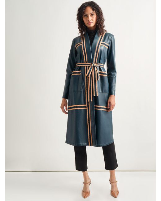 Misook Belted Long Vegan Leather Jacket in Blue | Lyst