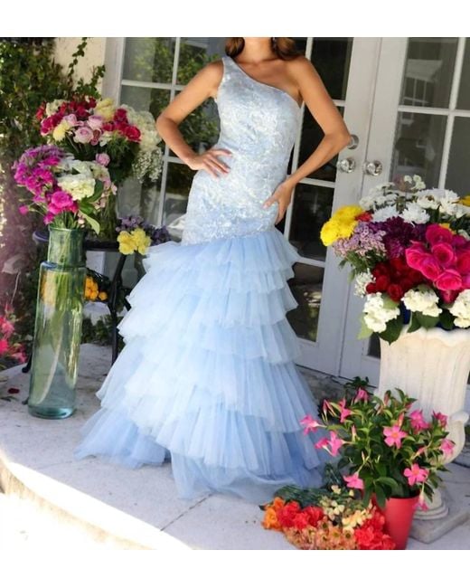 Ava Presley Tiered Tulle Ruffles Prom Gown in Blue | Lyst