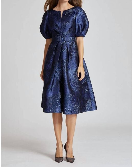 Teri Jon Metallic Textured Jacquard Dress In Blue Lyst