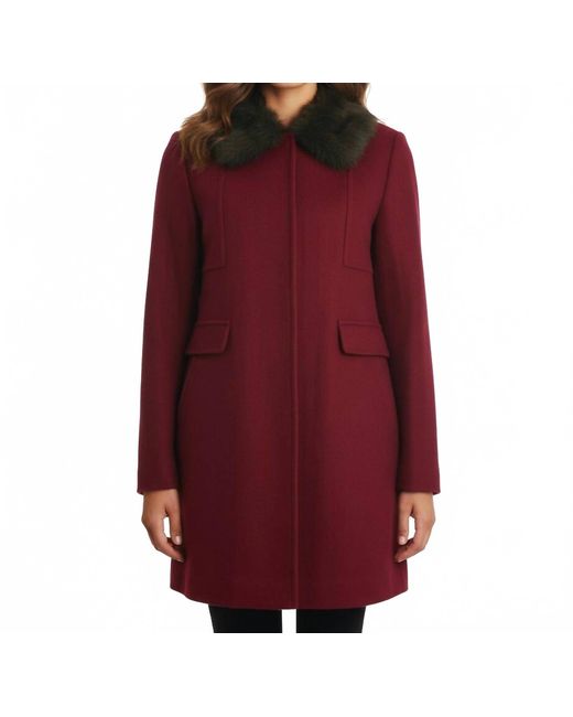 Eliza J Faux Fur Trim Wool Blend Coat in Red | Lyst