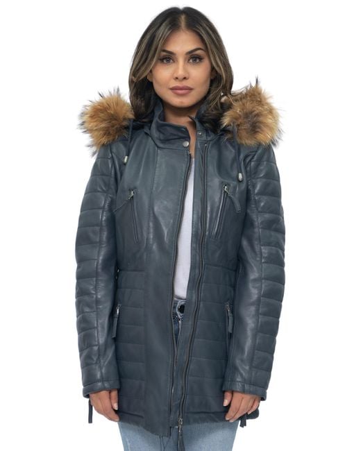 Infinity Leather Quilted Leather Parka Jacket-Curitiba in Blue | Lyst