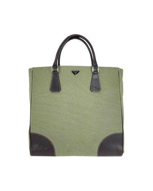 Prada Canvas Leather Triangle Logo Tote Bag in Green | Lyst