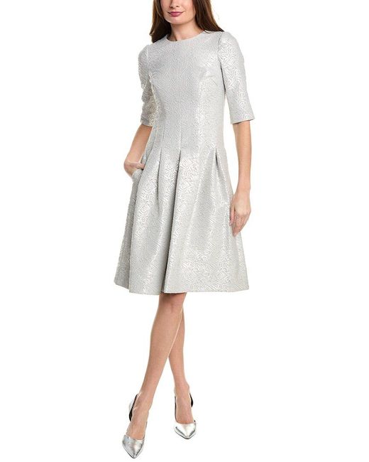 Teri Jon Jewel Neck Elbow-Sleeve A-Line Dress in White | Lyst