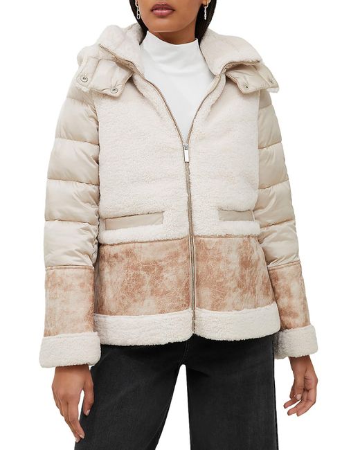 French Connection Faux Suede Trim Heavy Faux Fur Coat in Natural | Lyst