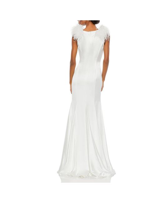 Mac Duggal Satin Feathers Evening Dress in White | Lyst