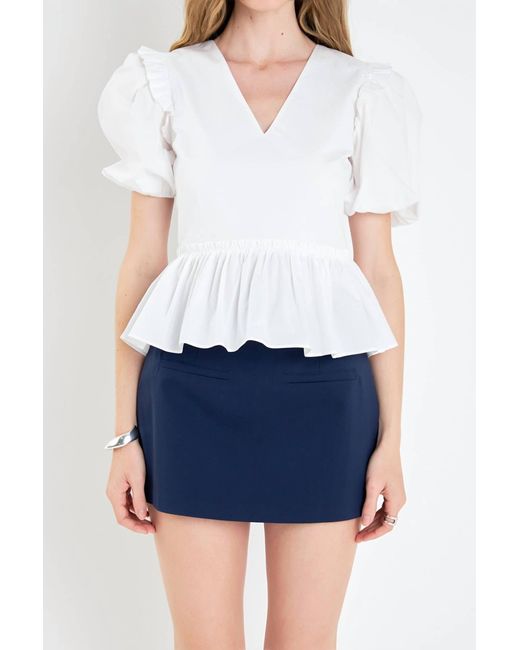 English Factory V Neckline Puffed Sleeve Top in White | Lyst