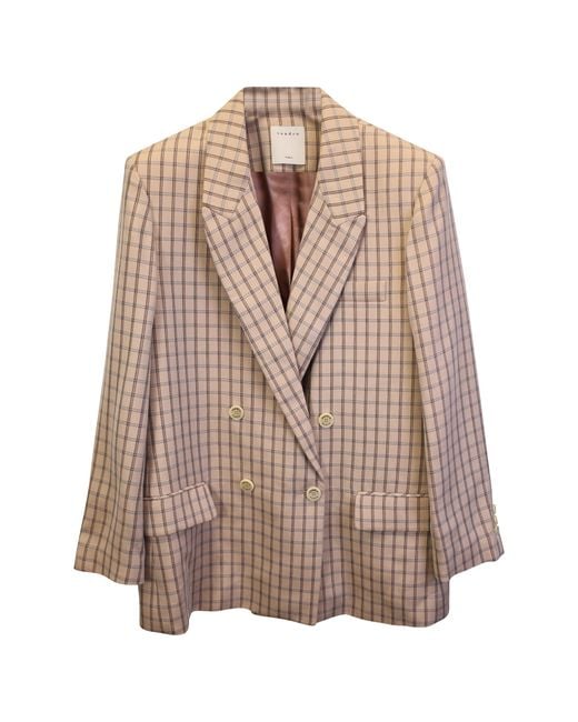 Sandro Double-Breasted Checked Wool Blazer in Brown | Lyst