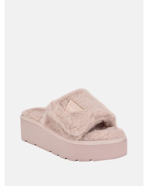 Guess Alista Faux-Fur Platform Slide Sandals in Pink | Lyst