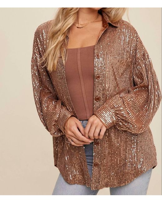 Listicle Oversized Sequin Button Down Shirt in Brown | Lyst