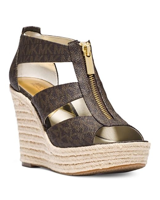 MICHAEL Michael Kors Damita Pvc Mini Mk Logo Wedge Sandals in Brown | Lyst