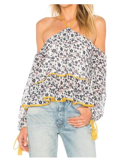 Tularosa Floral Contrast Ruffle Off The Shoulder Blouse in Blue | Lyst