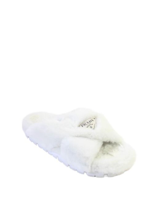 Prada Shearling Cross Strap Triangle Logo Slide Sandals in White | Lyst