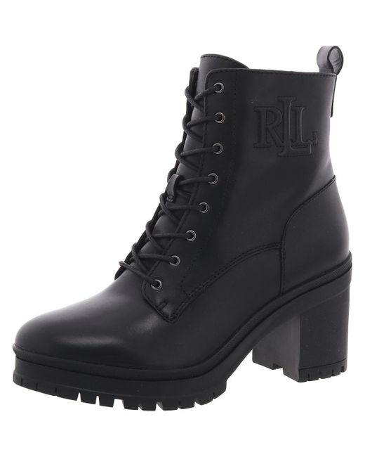 Ralph Lauren Cameron Block Heel Leather Combat & Lace-Up Boots in Black ...