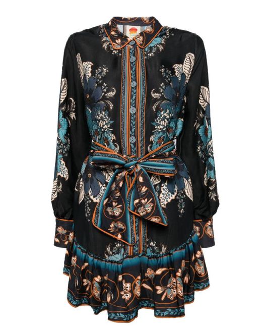 FARM Rio Long Sleeve Mini Dress, Blossom Tapestry in Black | Lyst