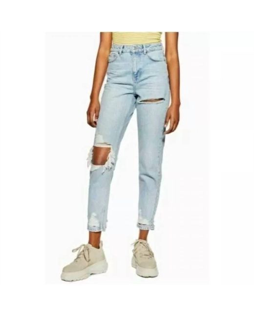 TOPSHOP Willow Bleach High Rise Ankle Ripped Mom Jeans in Blue | Lyst