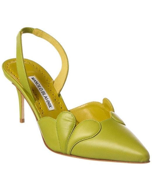 Manolo Blahnik Hatsibsli 70 Leather Slingback Pump in Yellow | Lyst