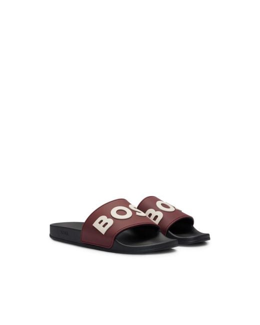 BOSS Italian-Made Slides With Raised Logo in Brown for Men | Lyst