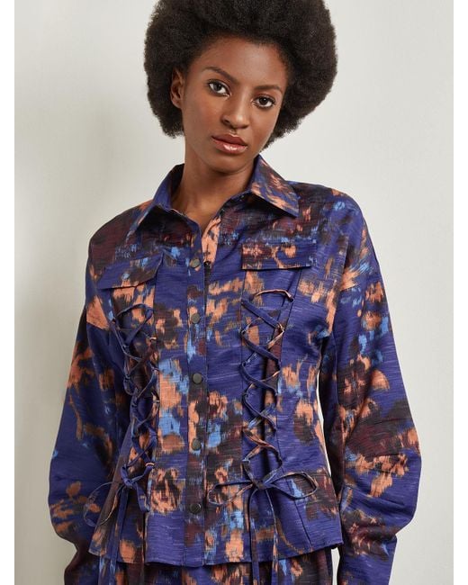 Misook Structured Corset Laced Printed Woven Jacket in Blue | Lyst