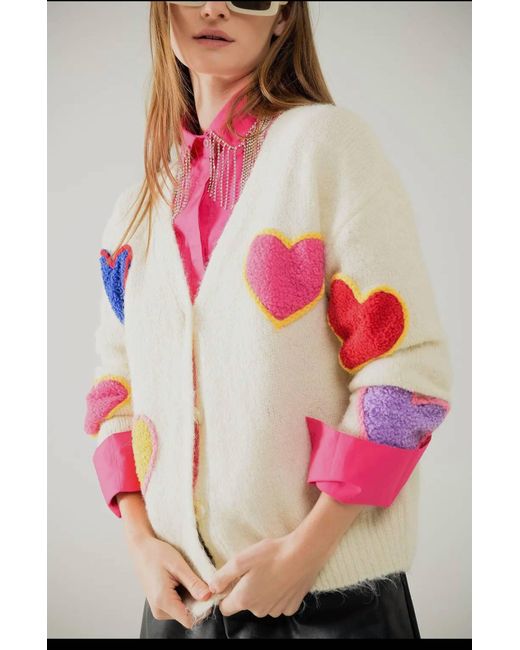 Q2 Cardigan With Embroidered Heart in Pink | Lyst