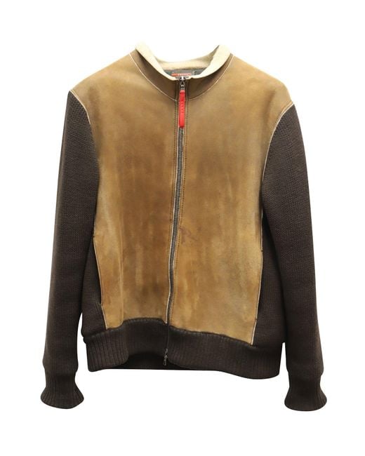 Prada Shearling Trim Bomber Jacket in Brown for Men | Lyst