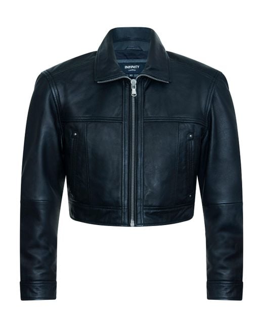 Infinity Leather Cropped Biker Leather Jacket in Blue | Lyst