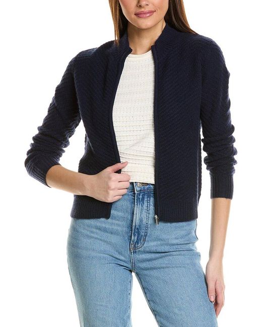 Amicale Cashmere Textured Zip Cashmere Bomber Jacket in Blue | Lyst