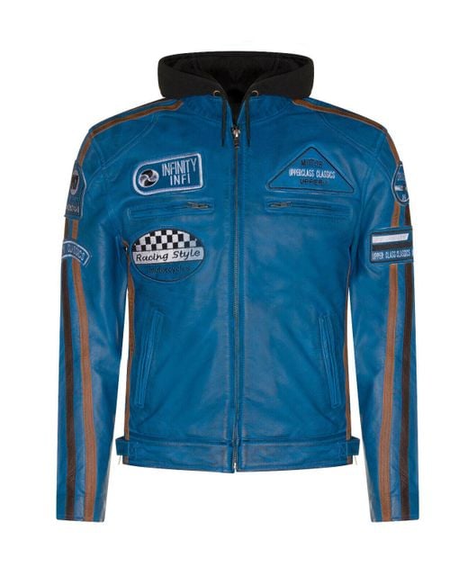 Infinity Leather Racing Hooded Leather Biker Jacket-Detroit in Blue for ...