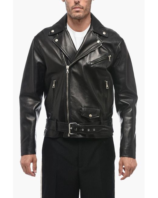Palm Angels Printed Logo Sleek Leather Biker Jacket in Black for Men | Lyst