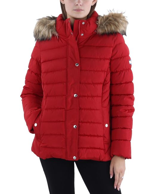 Tommy Hilfiger Insulated Removable Hood Puffer Jacket in Red | Lyst