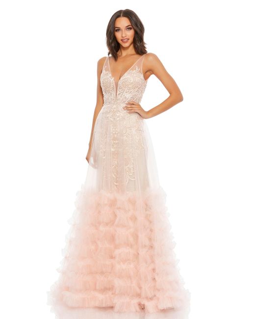 Mac Duggal Lace Ruffle Tiered Sleeveless Plunge Neck Gown in Pink | Lyst