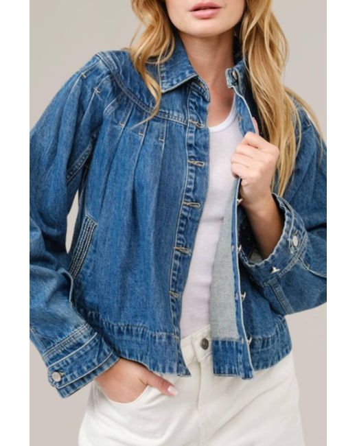 Aaron & Amber Pleated Denim Jacket With Stitch Detail in Blue | Lyst