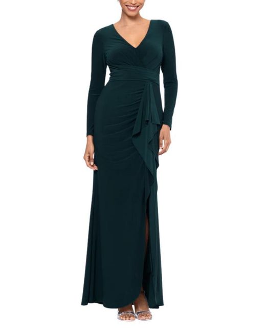 TRUEDAMES Elle Deep V-Neckline Long Sleeves High Ruffled Side Slit Gown ...