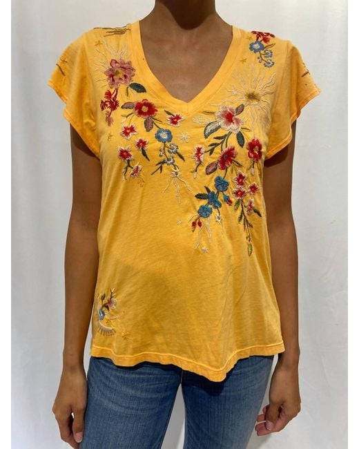 Johnny Was Cotton Lissa Mock V Neck Flutter Short Sleeve Tee Top In