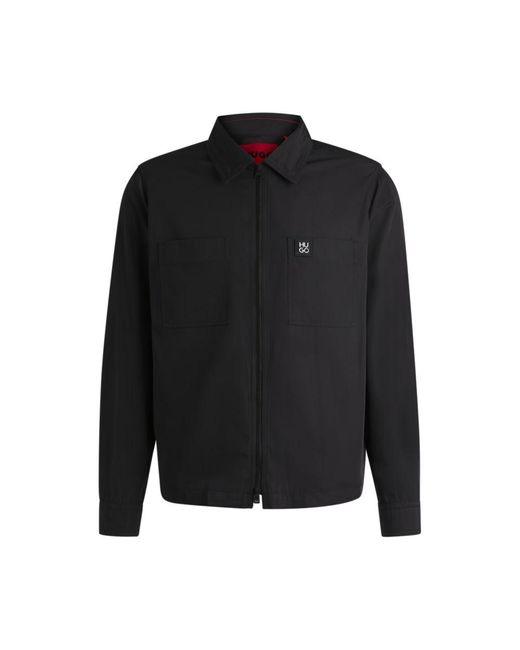 HUGO Oversize-Fit Zip-Up Shirt With Stacked Logo Trim in Black for Men ...