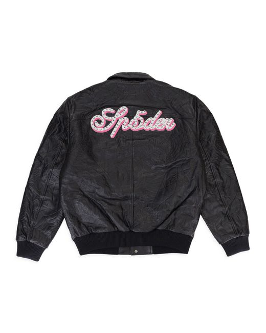 Sp5der Debossed Leather Jacket in Black for Men | Lyst