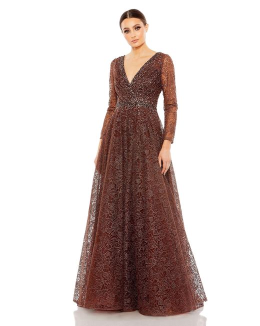 Mac Duggal Embellished Illusion Long Sleeve V Neck Gown In Brown Lyst