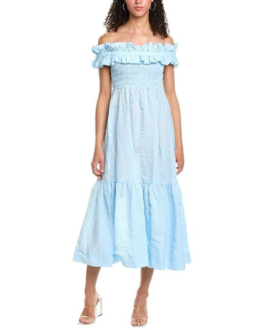 Ganni Seersucker Check Smocked Maxi Dress in Blue | Lyst