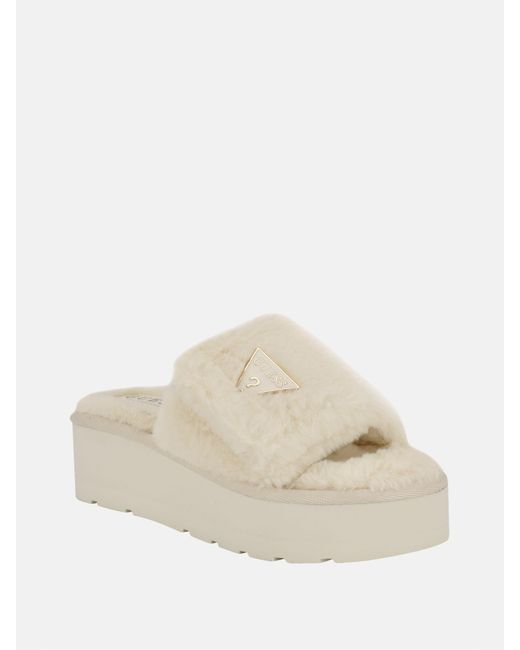 Guess Alista Faux-Fur Platform Slide Sandals in Natural | Lyst