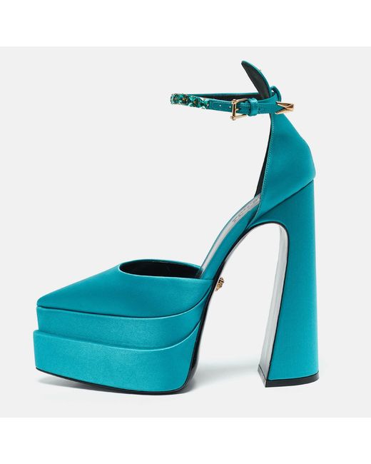 Versace Satin Aevitas Crystal Embellished Ankle Strap Platform Block ...