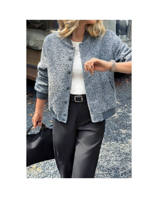 TRUEDAMES Faux Sherpa Fuzzy Teddy Bomber Jacket in Blue | Lyst