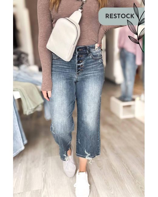 Judy Blue High Waist Button Fly Wide Leg Crop Denim in Blue | Lyst