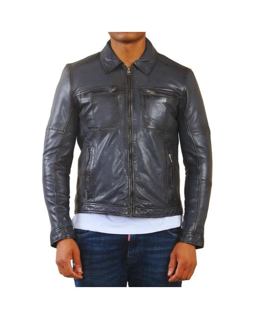 TruClothing Classic Collar Leather Biker Jacket in Gray for Men | Lyst