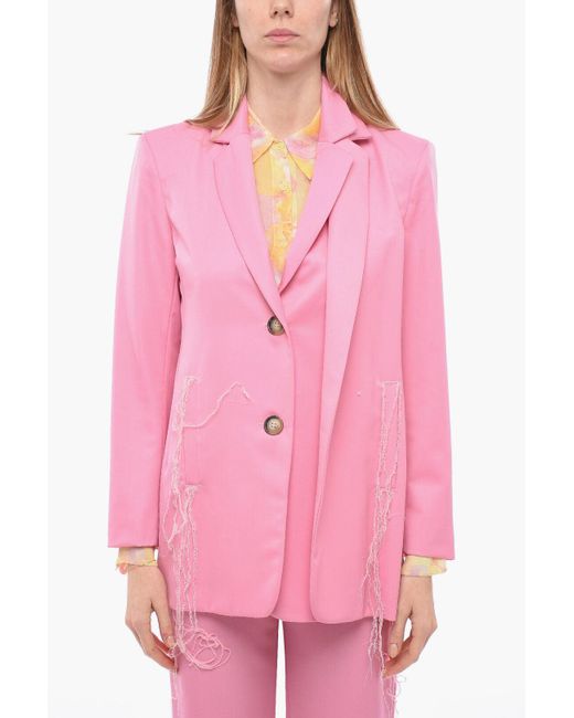 Julfer Frayed Details Wool Maxi Blazer 40 Italian Size in Pink | Lyst