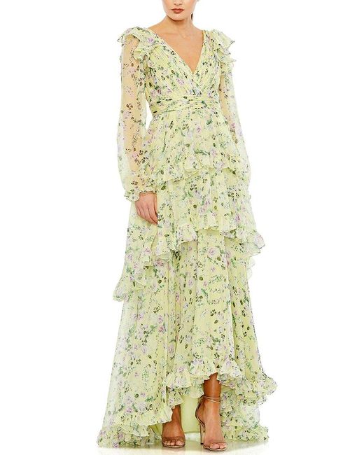 Mac Duggal Floral Chiffon Tiered Ruffle Puff Sleeve Gown in Green | Lyst